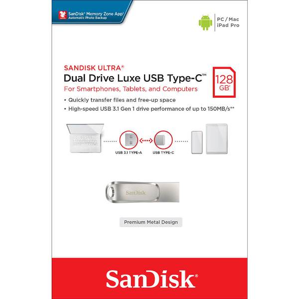 Sandisk Dual USB Luxe 128GB USB-C ja USB-A 3.1 muistitikku ...