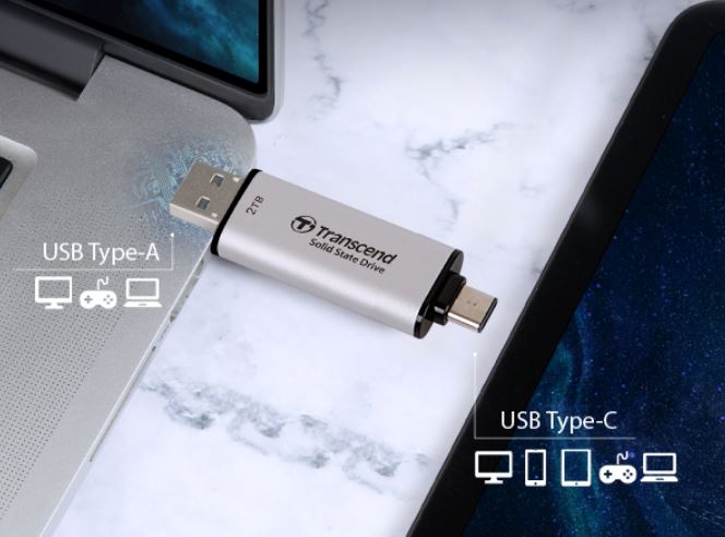 Transcend ESD310C SSD muistitikku USB-A ja USB-C 512GB - muistikauppa.fi