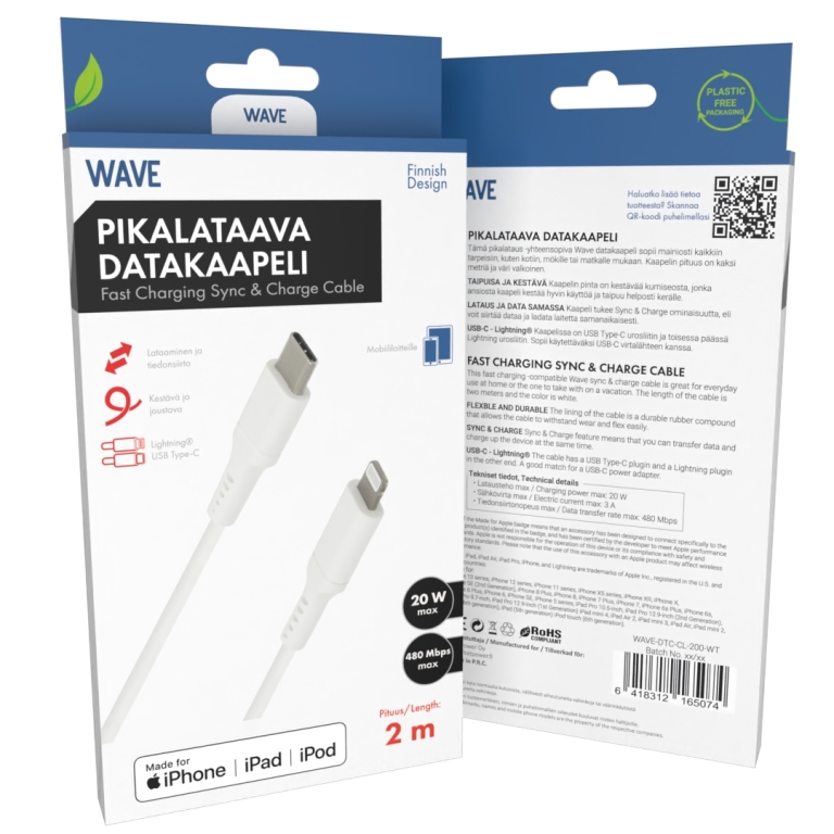 Wave 20W Pikalataava datakaapeli USB-C - Apple Lightning 2m ...